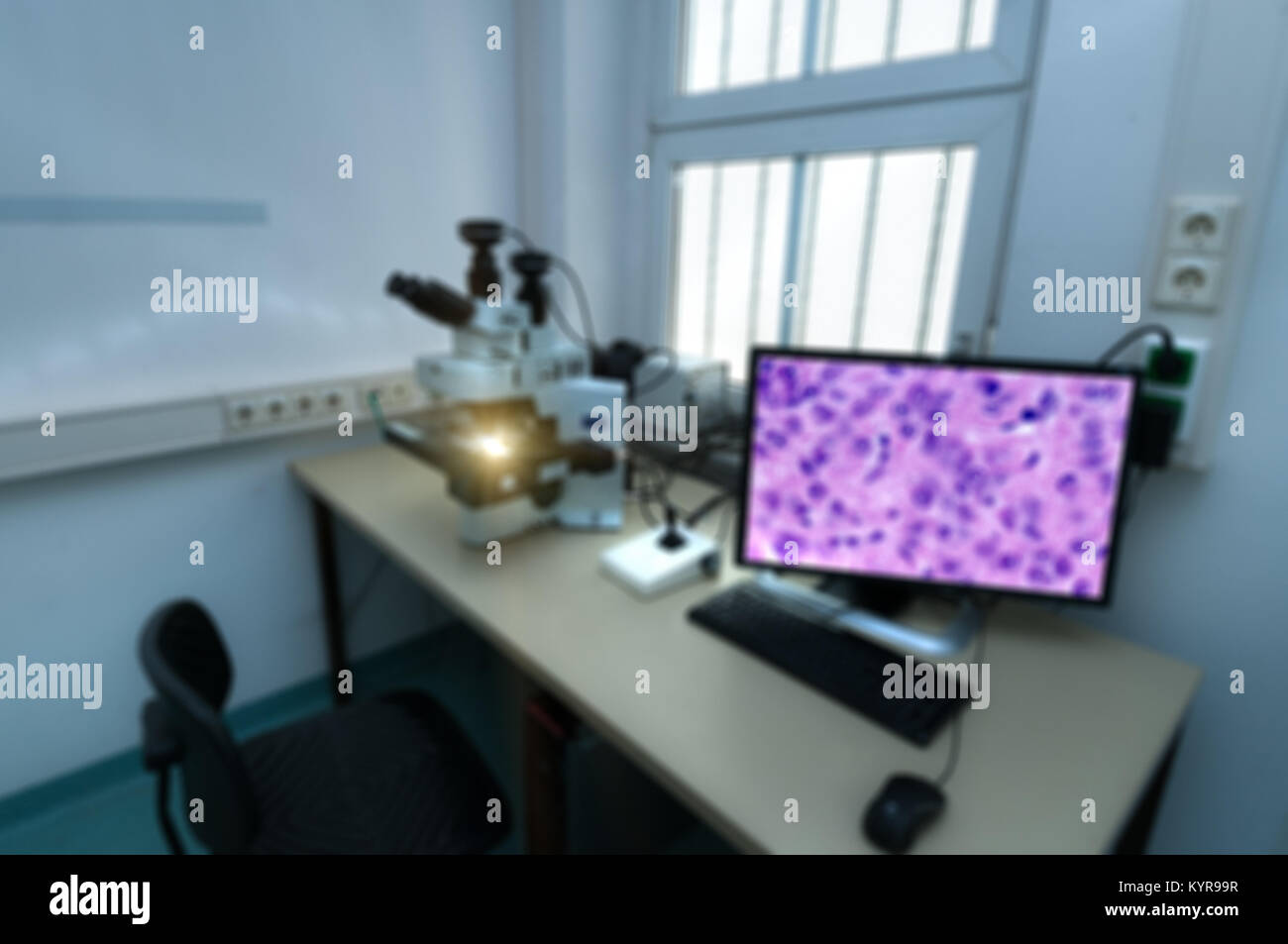 Scientific background with modern microscope station out of focus Stock ...