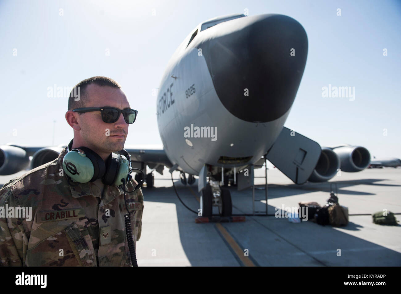 A U.S. Air Force KC-135 Stratotanker crew chief, assigned to the 340th ...