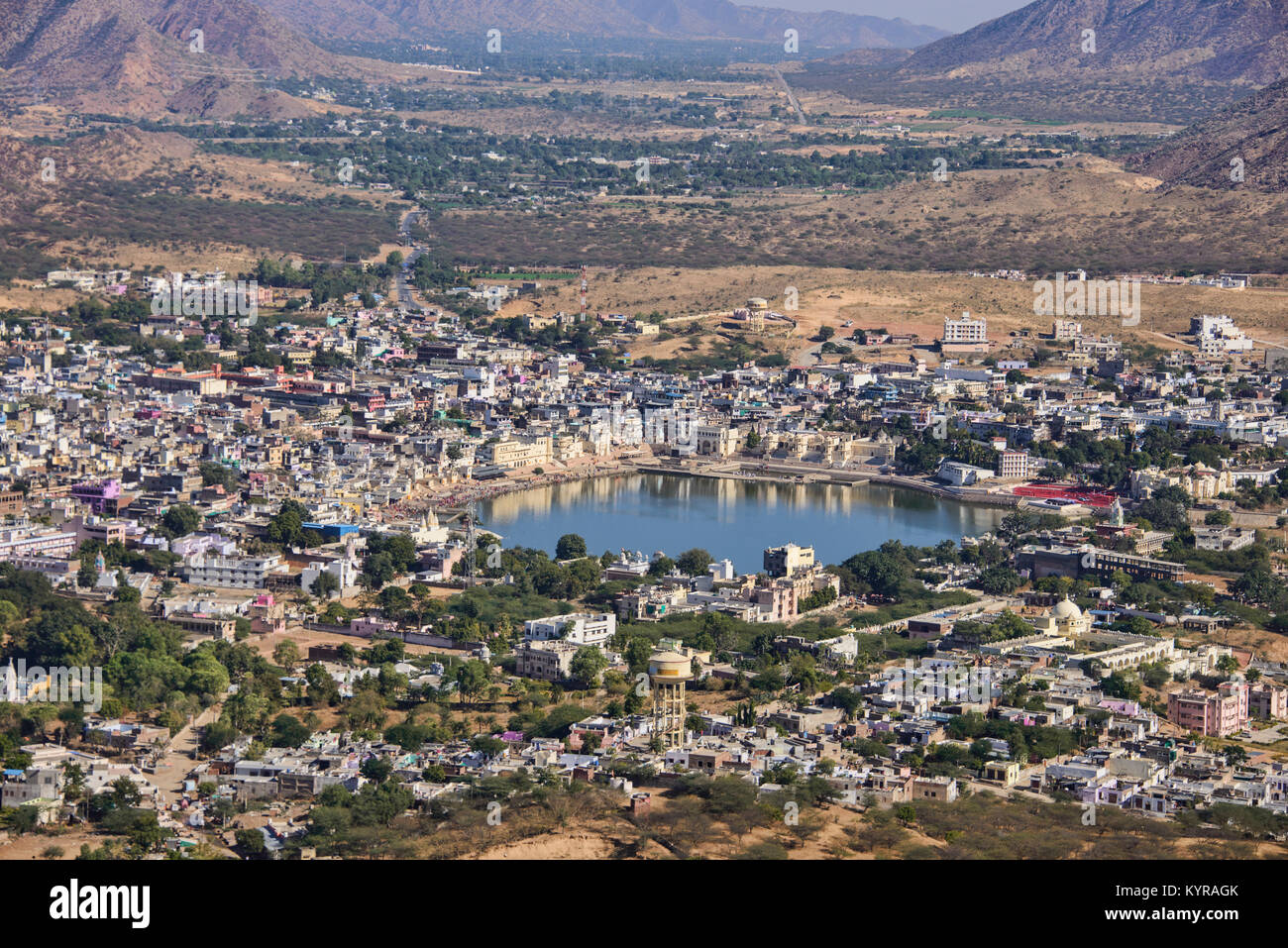 Holy city Pushkar aerial view from Savitri temple. Rajasthan, India ...