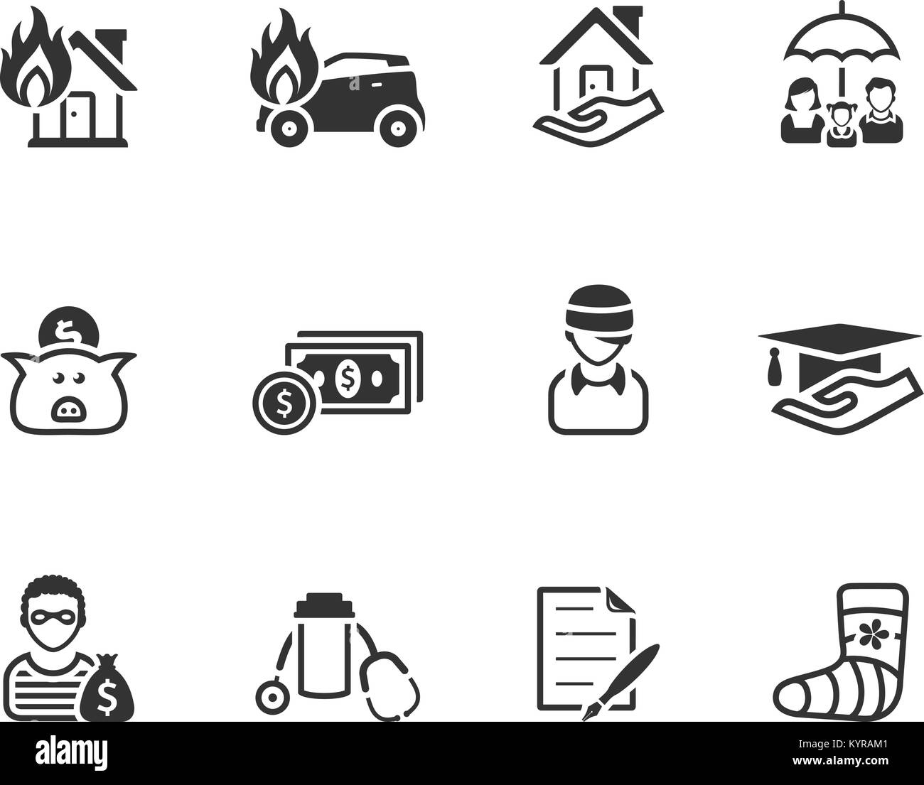 Insurance icons in black and white. Vector illustration Stock Vector ...