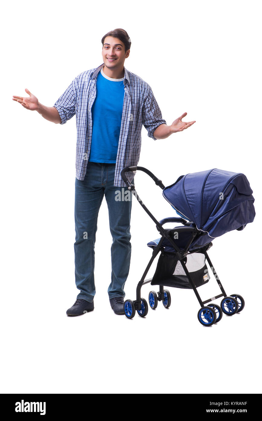 Young dad with child pram isolated on white Stock Photo - Alamy
