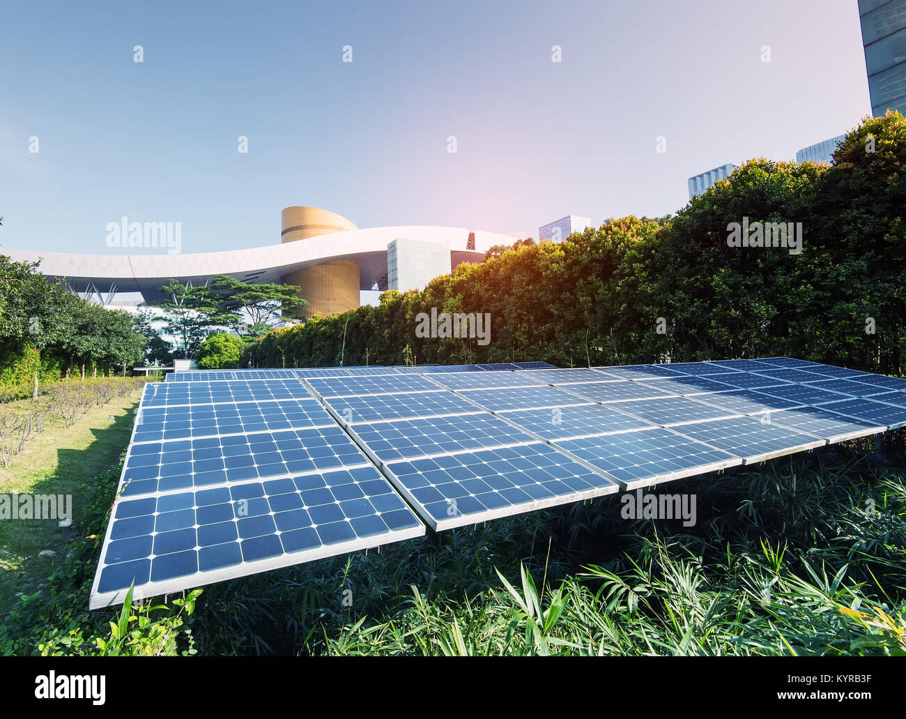 Solar Panels In The Park Of Modern City Stock Photo - Alamy