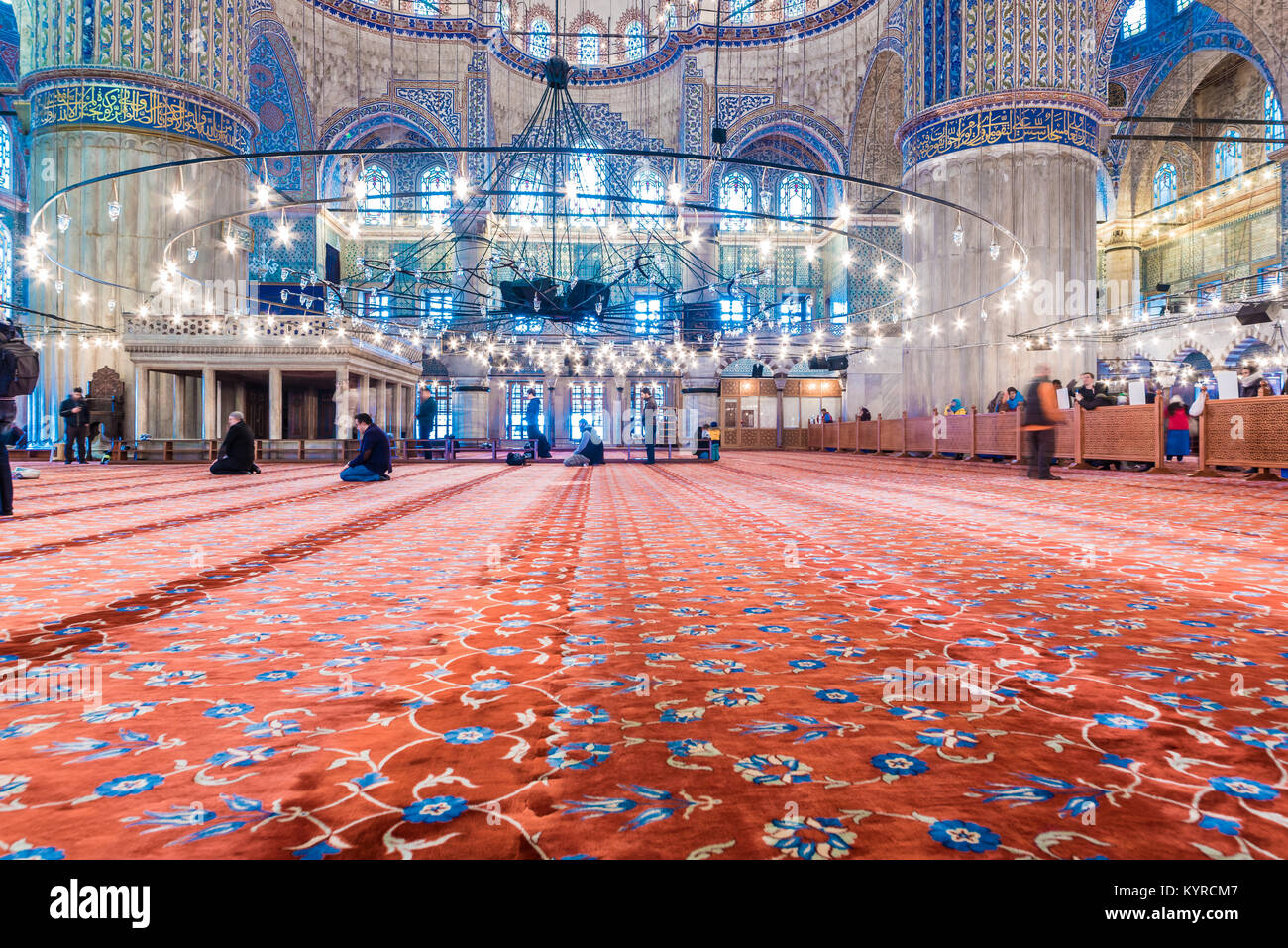 Muslim People praying in Blue Mosque also called Sultan Ahmed Mosque or ...
