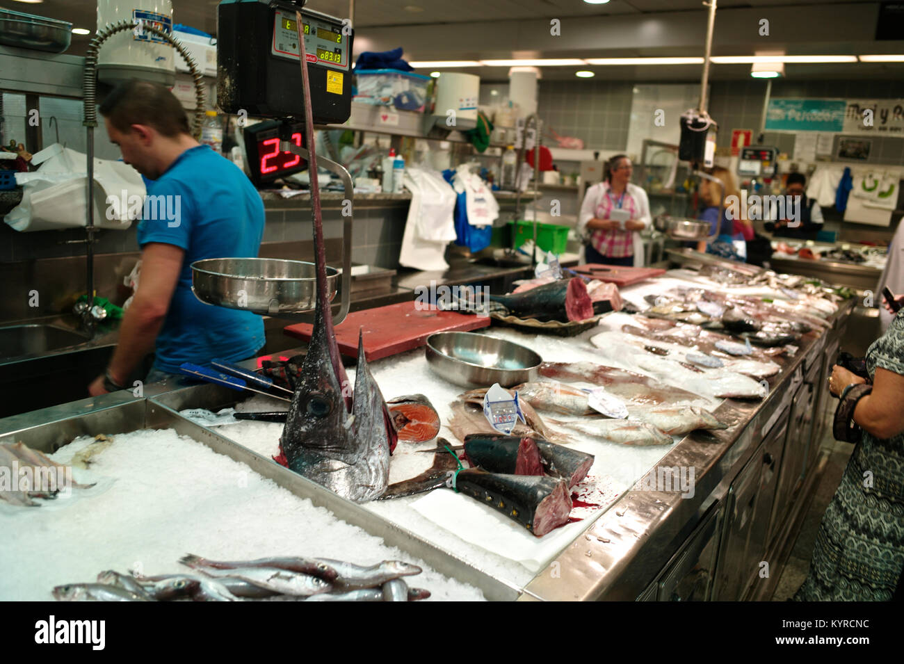 Sword fish head and other fish for sell at La Coruna's fish market ...