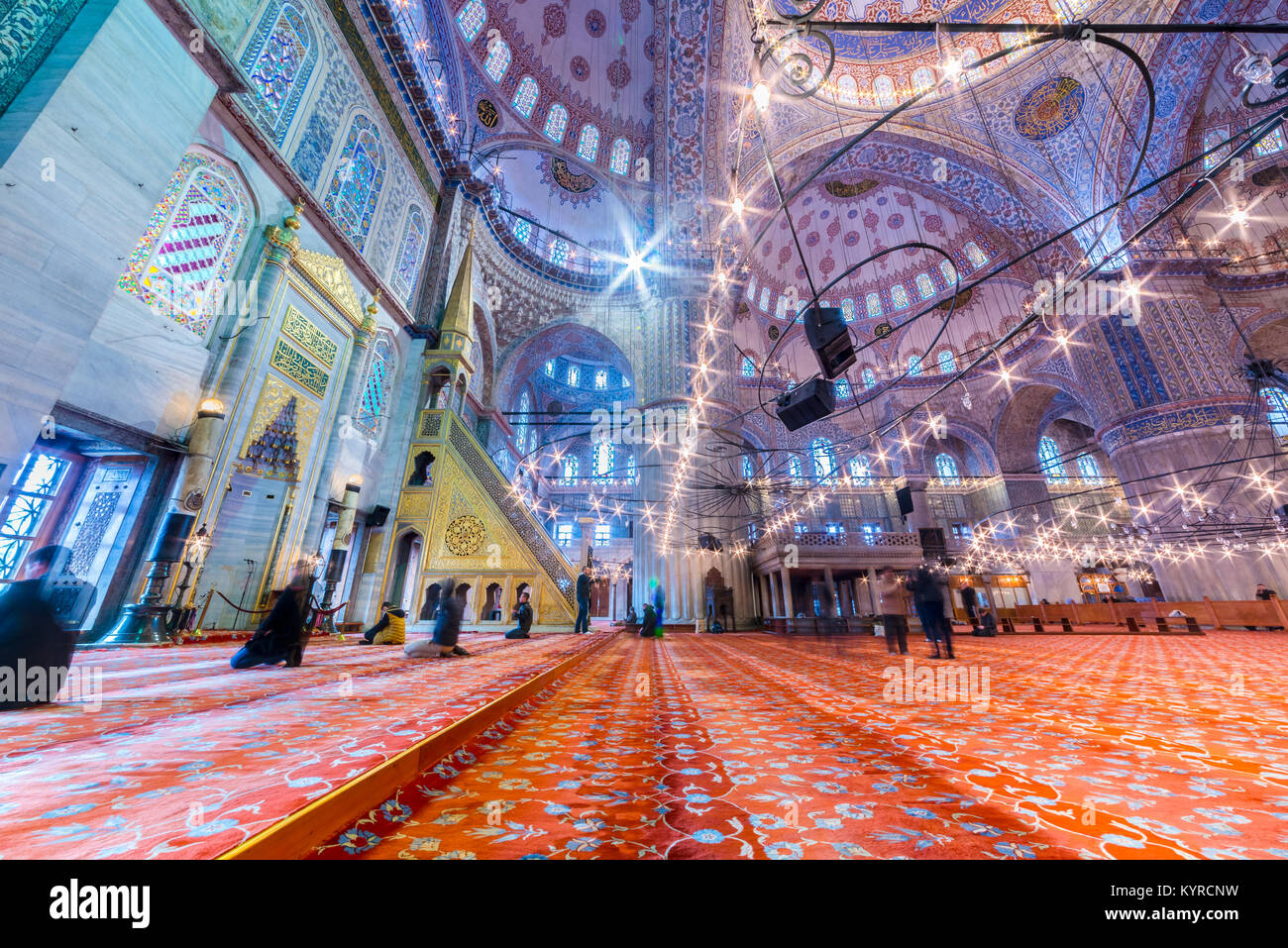 Muslim People praying in Blue Mosque also called Sultan Ahmed Mosque or ...