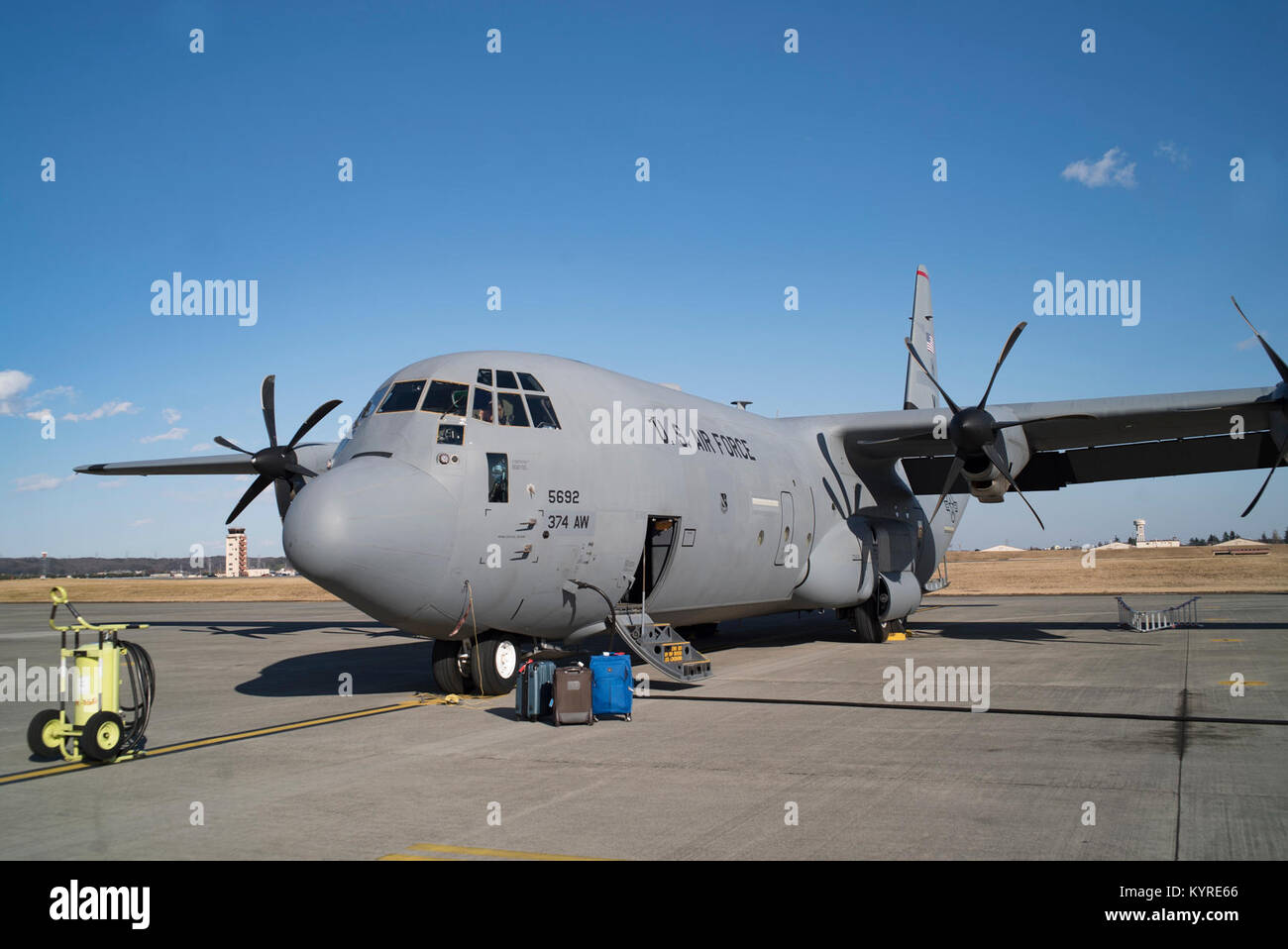 An Air Force C-130J Super Hercules sits on the flightline at Yokota Air ...