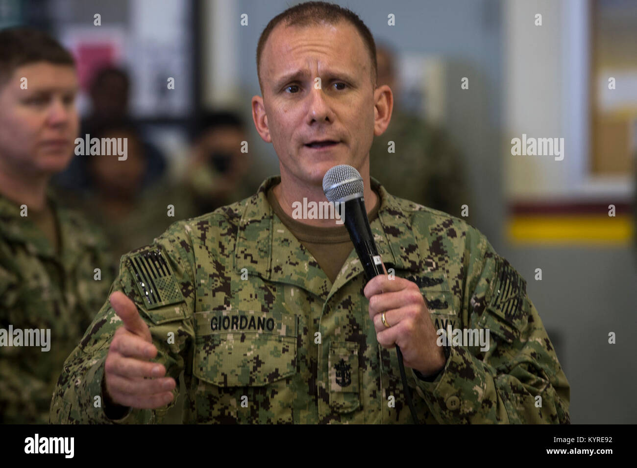 Master Chief Petty Officer of the Navy Steven S. Giordano speaks with ...