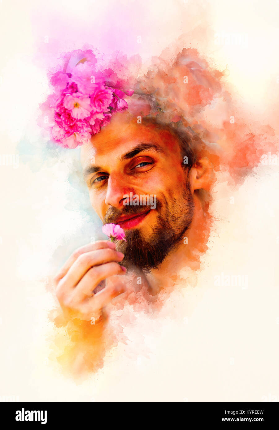 Smiling man with flower in hand and softly blurred watercolor ...