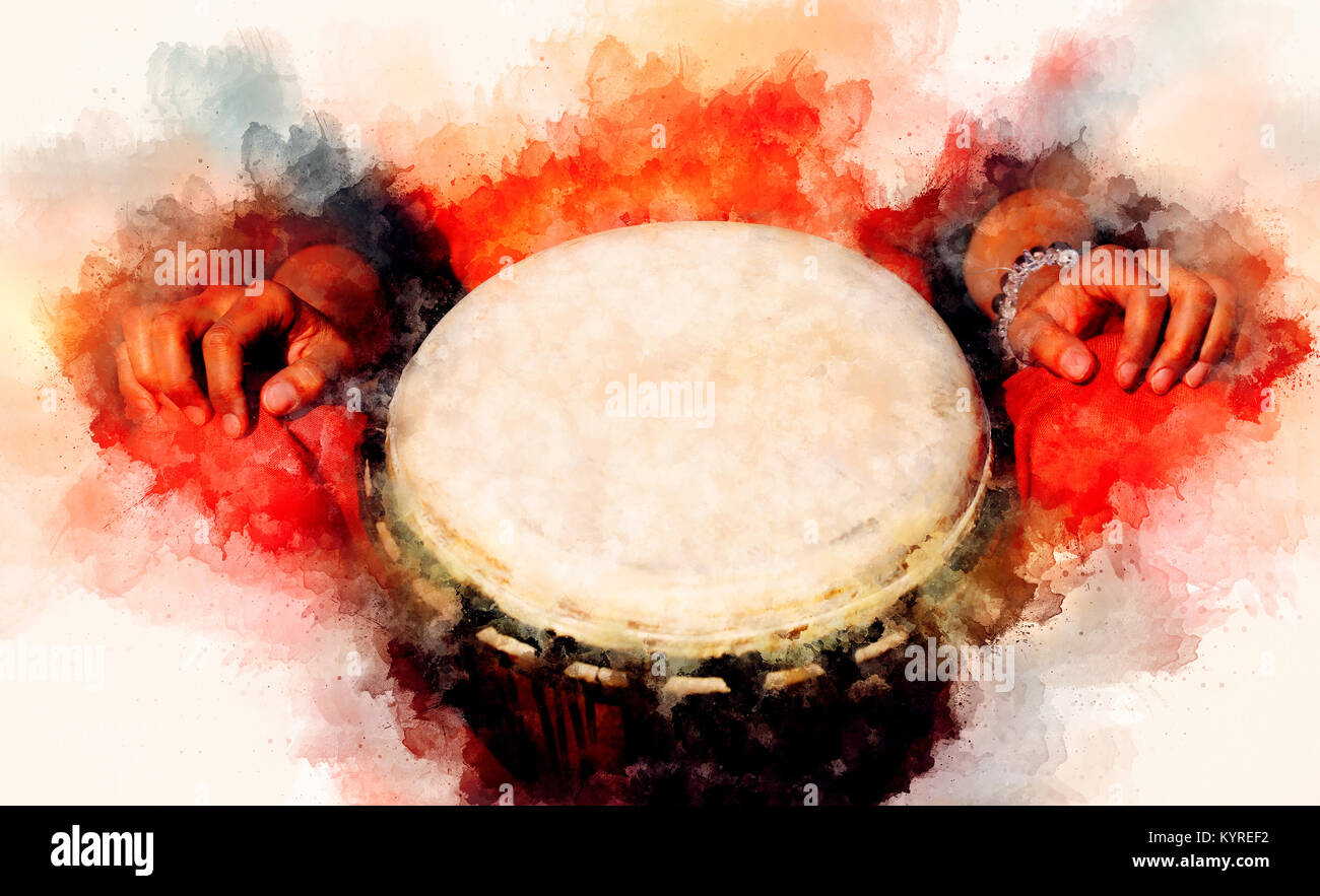 lady drummer with her djembe drum and softly blurred watercolor ...
