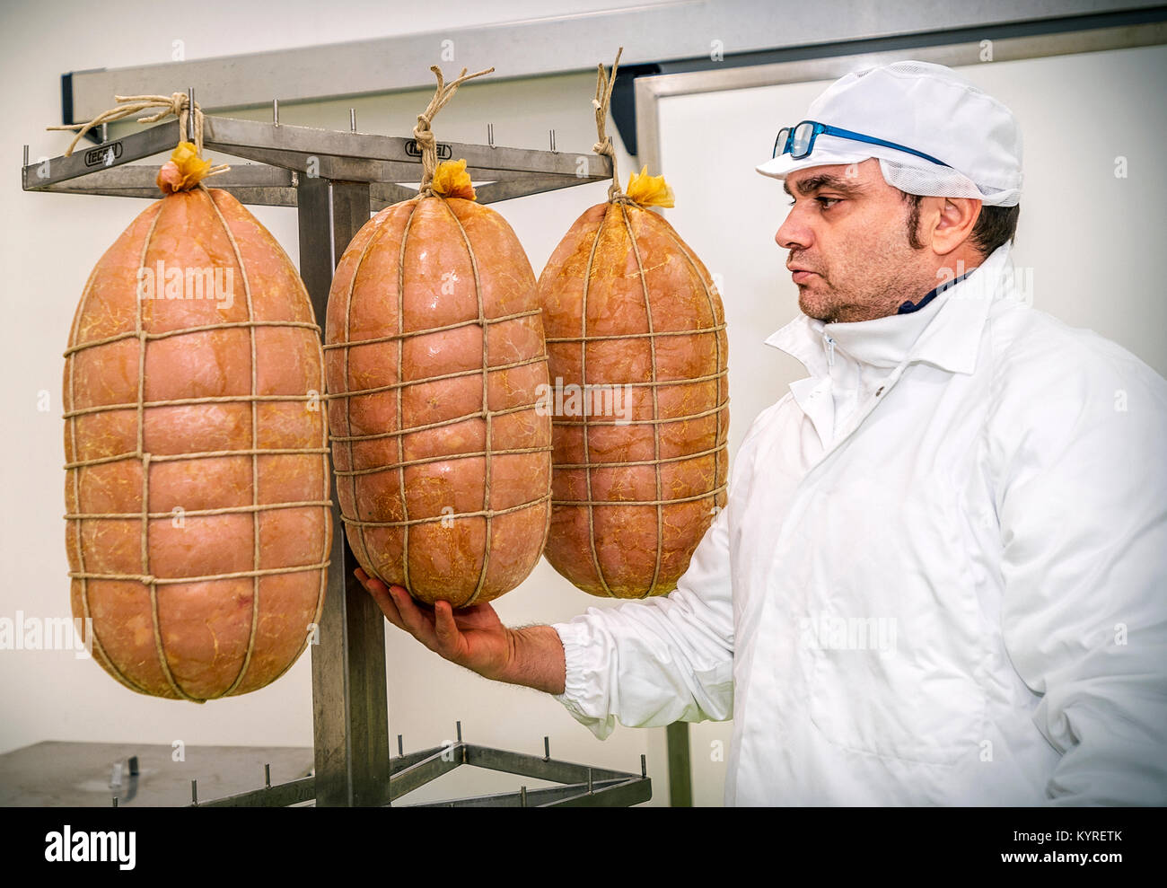 Various phases of the processing of mortadella hi-res stock photography ...
