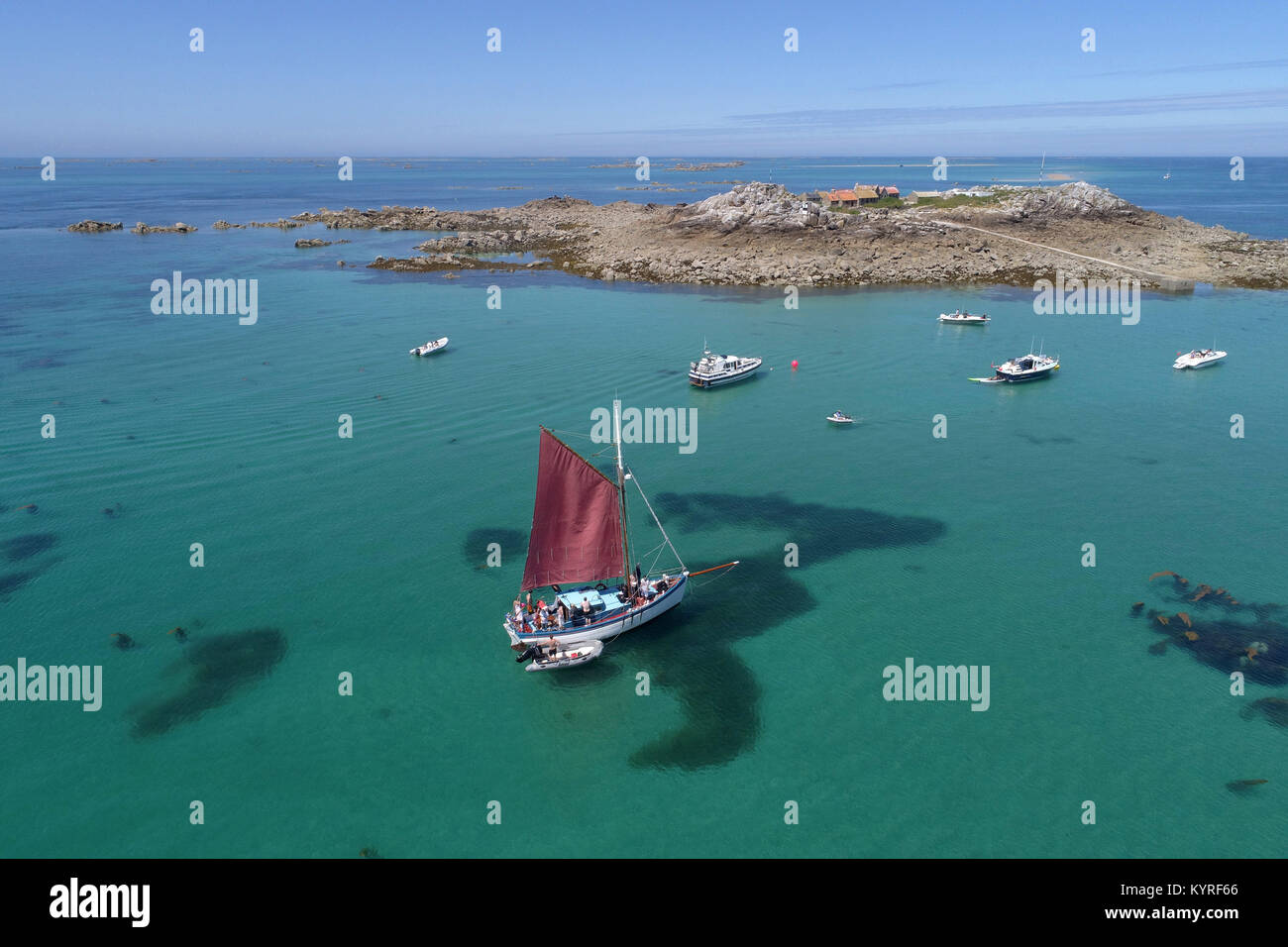 Aerial view over the Minquiers, a group of islands and rocks in the ...