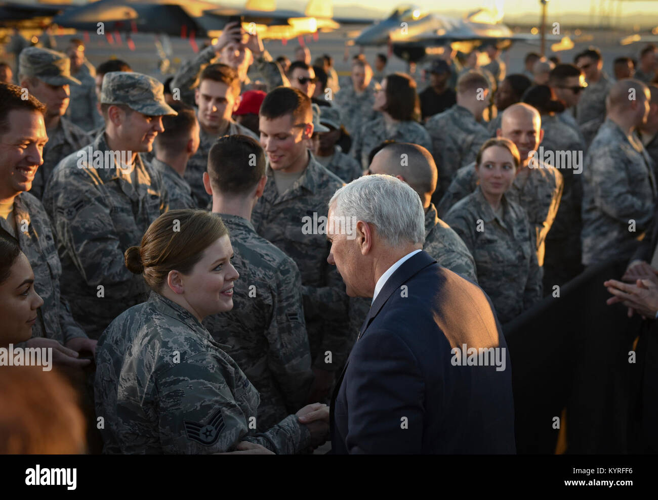 Vice President Mike Pence greets Staff Sgt. Samantha Henry, 99th Force Support Squadron dorm ...