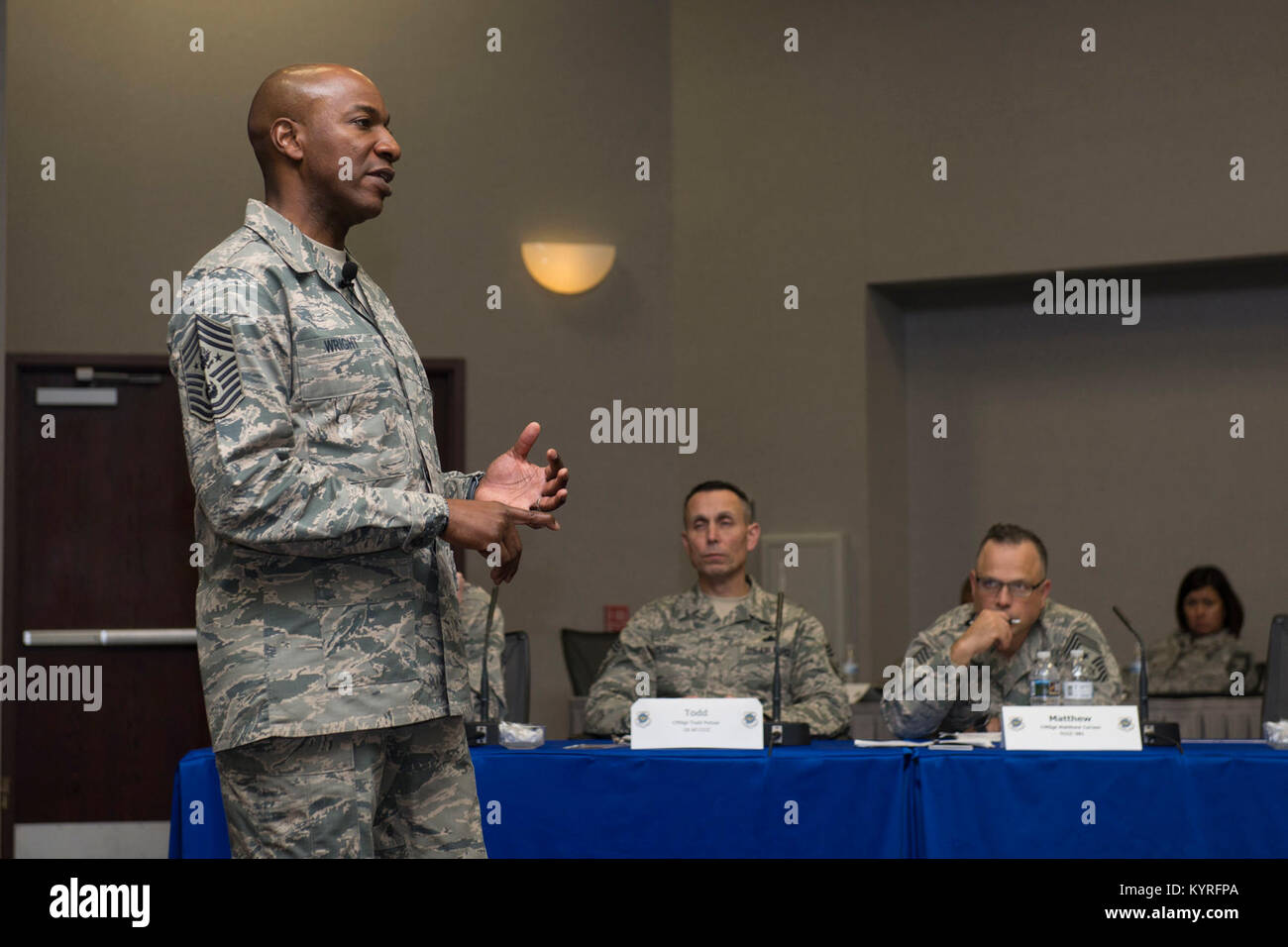 Chief Master Sgt. of the Air Force Kaleth O. Wright speaks to Air Mobility Command Chief ...