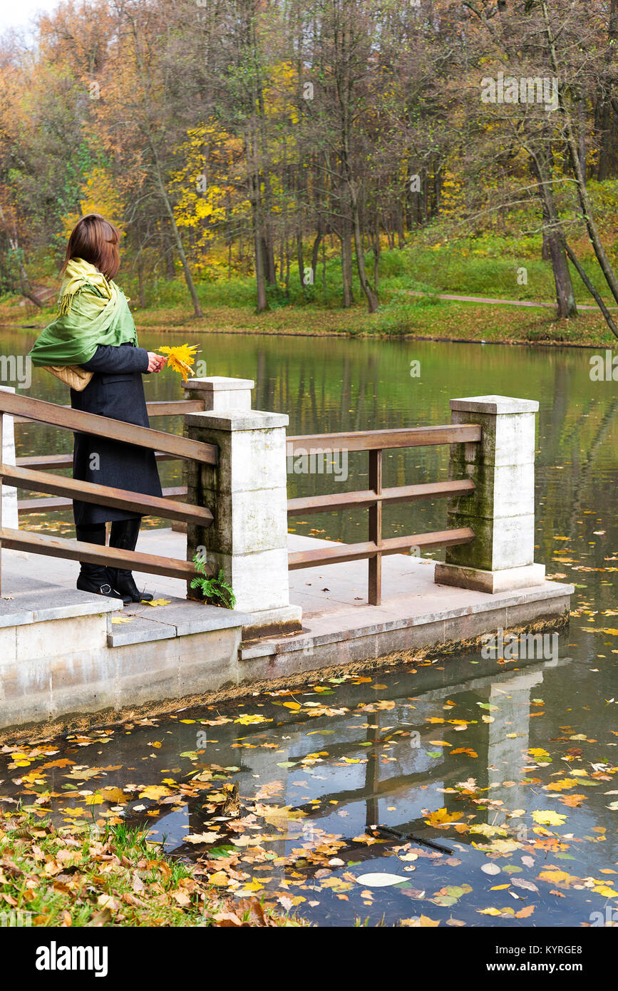 A girl stands on a bridge and looks to the opposite Bank in autumn day ...