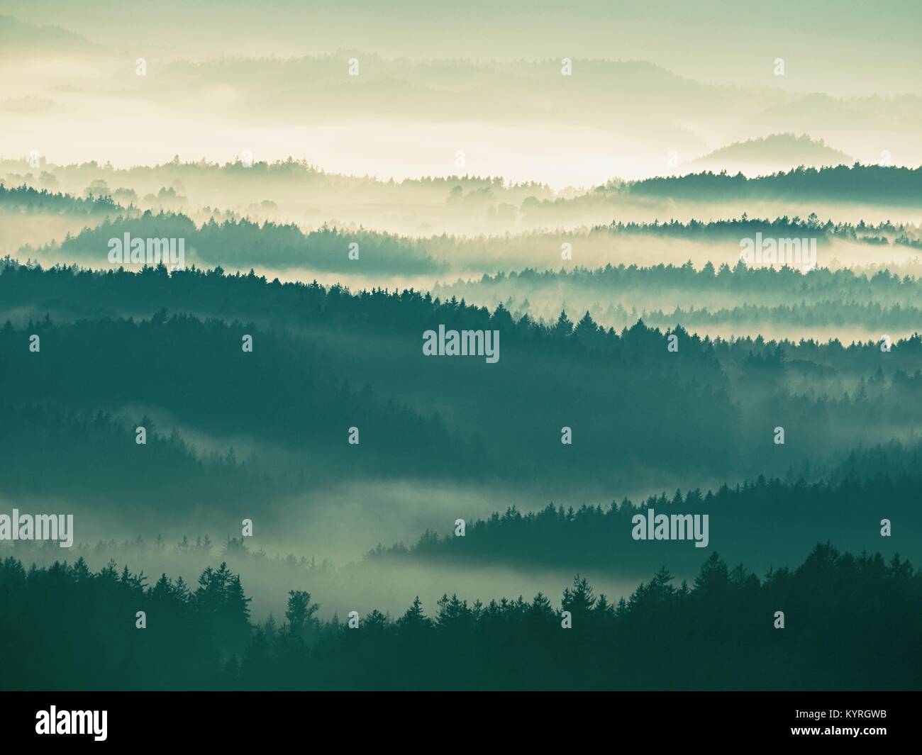 Magnificent heavy mist in landscape. Autumn creamy fog in landscape ...