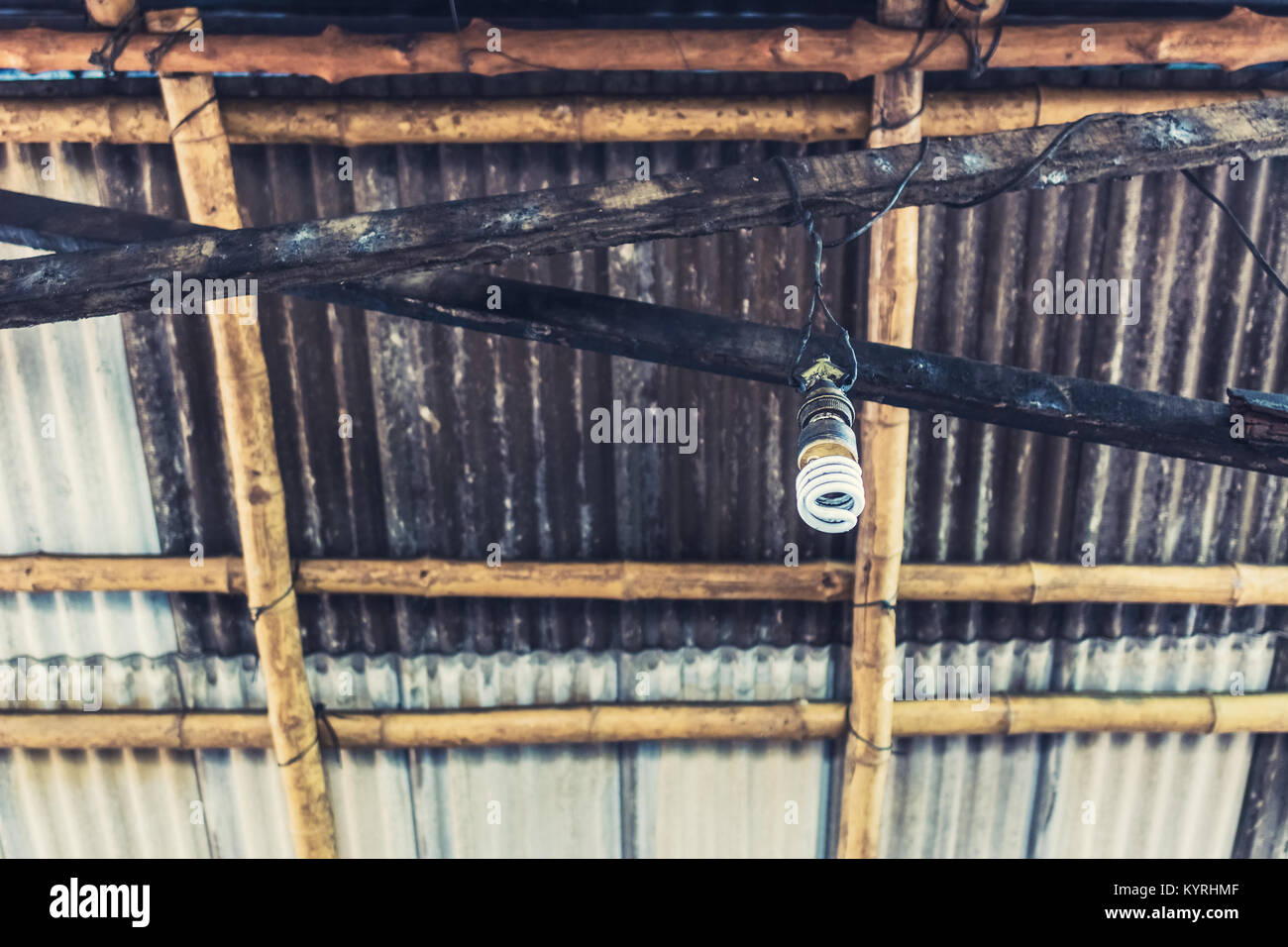 Hanging light bulb on the wood ceiling Stock Photo - Alamy