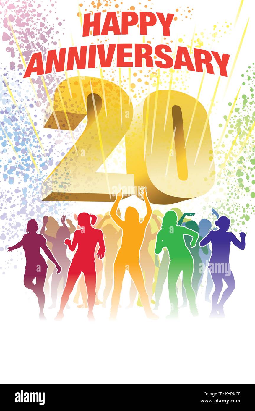 Colorful crowd of dancing people celebrating twentieth anniversary ...