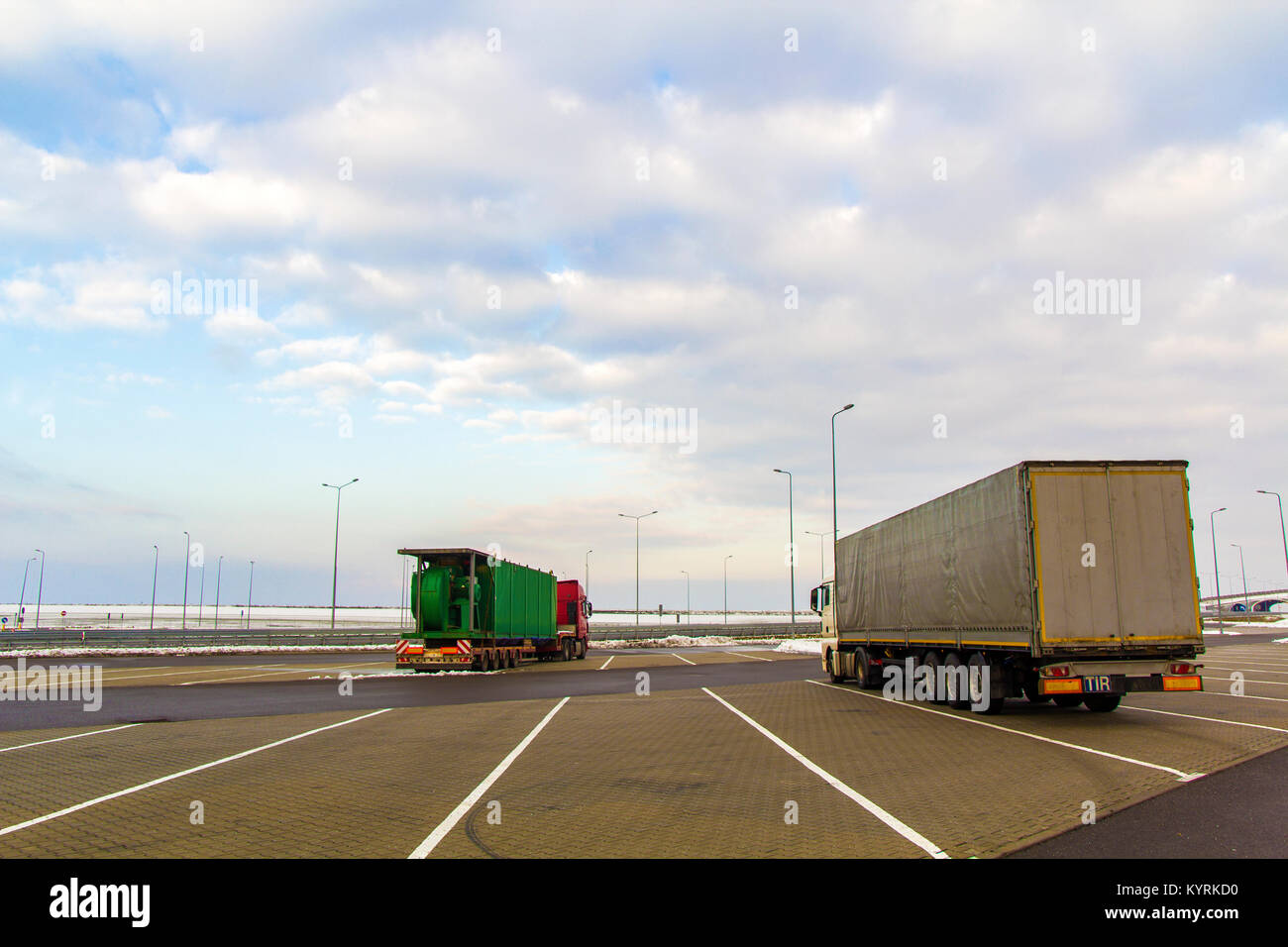 Big cargo truck parked on a parking lot Stock Photo - Alamy