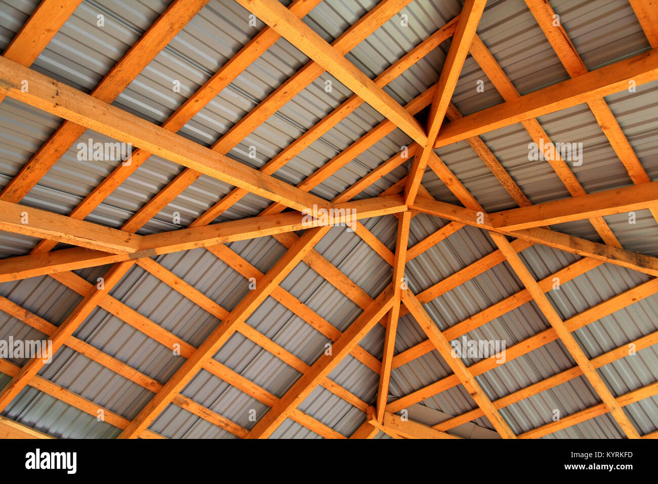 Wooden frame of new roof from inside. Construction framework Stock ...