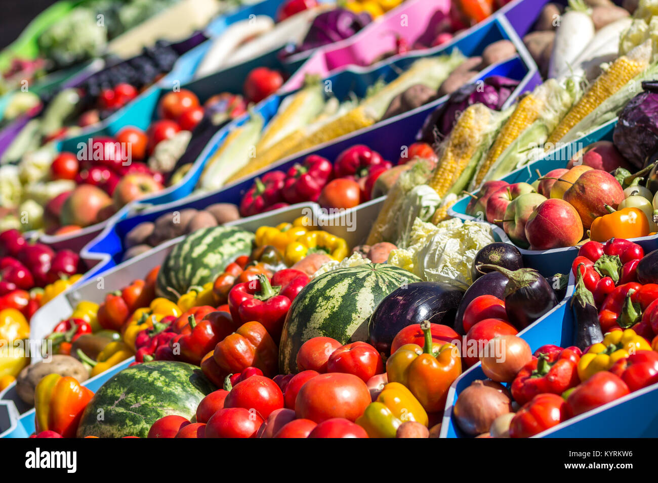Farmers fruit market with various colorful fresh fruits and vegetables ...