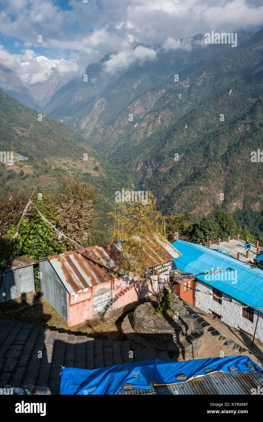 Exterior of the rural hostel houses in the village Chomrong, Nepal ...