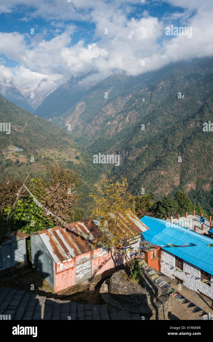 Exterior of the rural hostel houses in the village Chomrong, Nepal ...