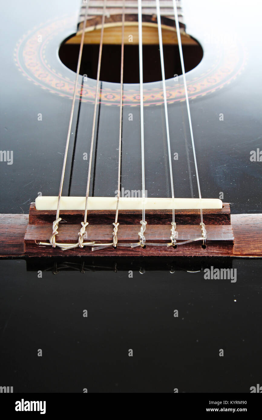 Guitar string closeup. POV artsy black shiny reflective guitar studio ...