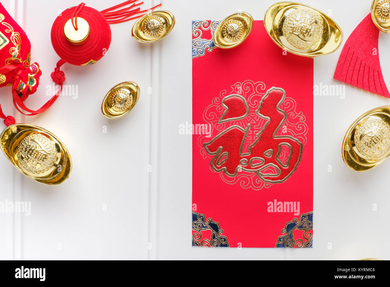 Top view Chinese New year red envelope packet (ang pow) with gold ...