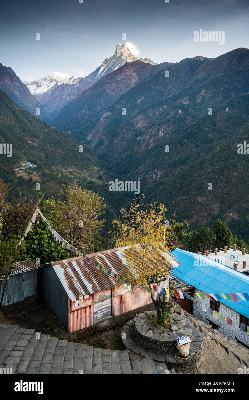 Exterior of the rural hostel houses in the village Chomrong, Nepal ...
