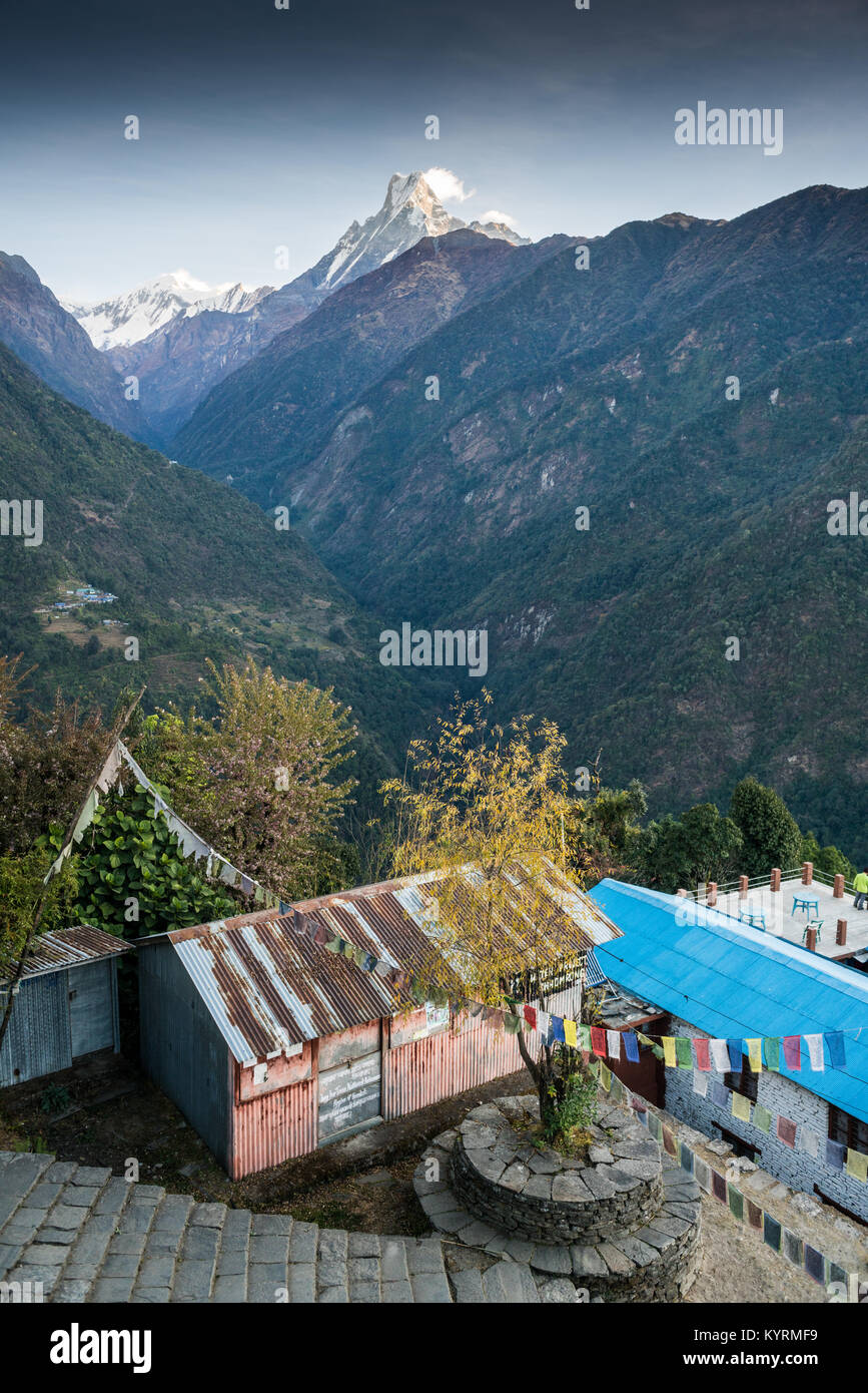 Exterior of the rural hostel houses in the village Chomrong, Nepal ...
