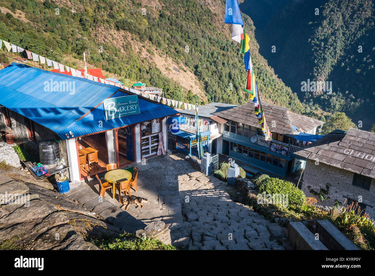 Exterior of the rural hostel houses in the village Chomrong, Nepal ...