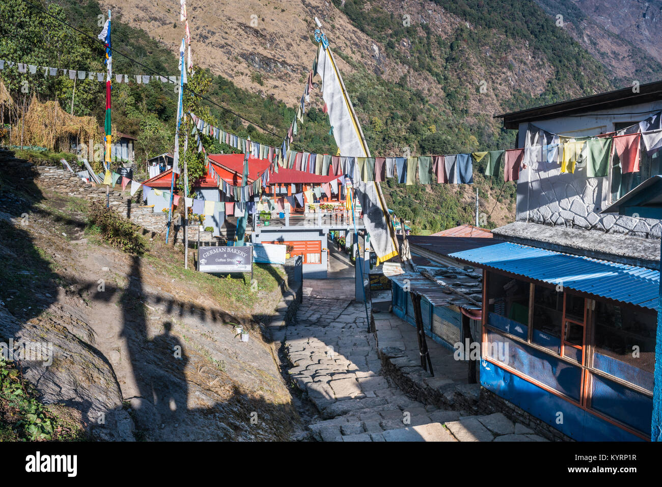 Exterior of the rural hostel houses in the village Chomrong, Nepal ...