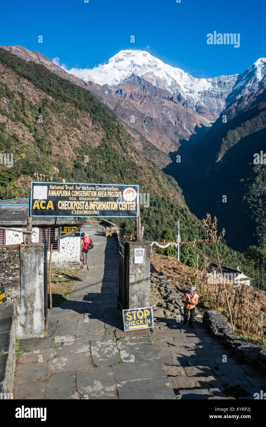 Check in office in the village Chomrong, Nepal, Asia. Annapurna base ...
