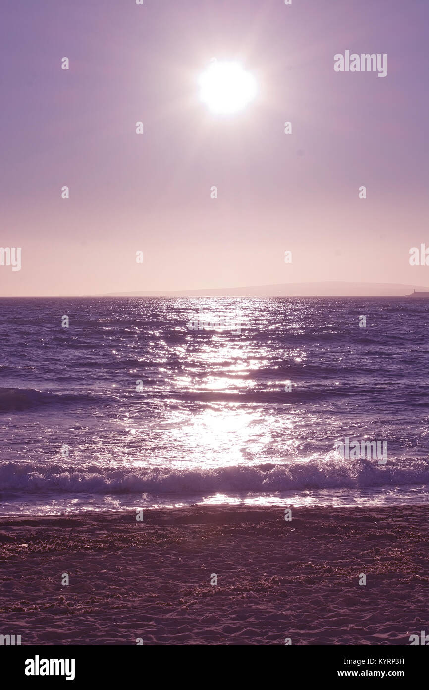 Sun horizon and ocean tinted in ultraviolet abstract nature background ...