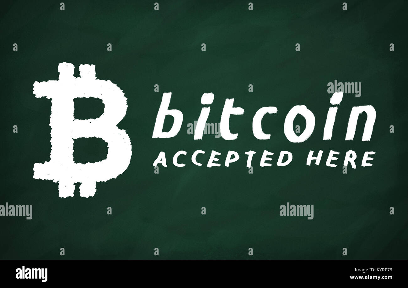 On the blackboard draw bitcoin sign and write Bitcoin Accepted here ...