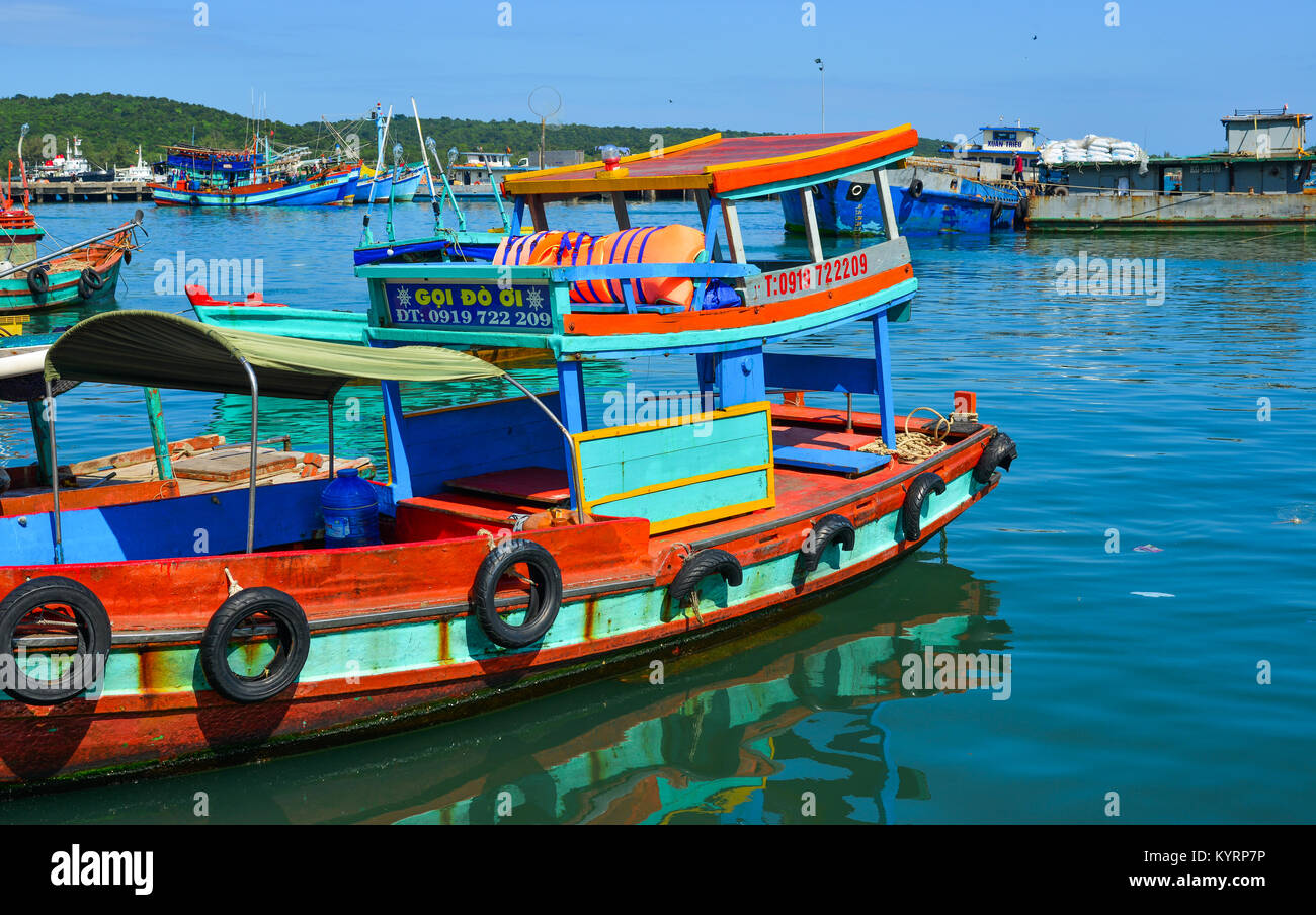 Phu Quoc, Vietnam - Dec 7, 2017. A wooden ferry docking at pier in Phu ...