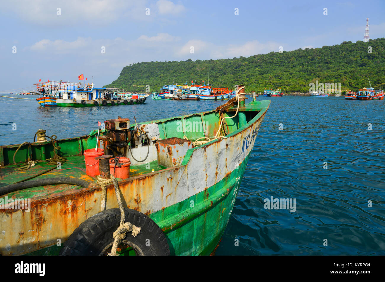 Tho Chau, Vietnam - Dec 10, 2017. Traditional boats docking on sea in ...