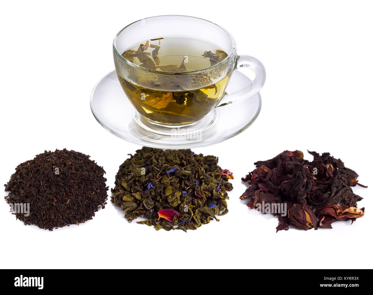 different tea in the background with a transparent cup of brewed tea ...