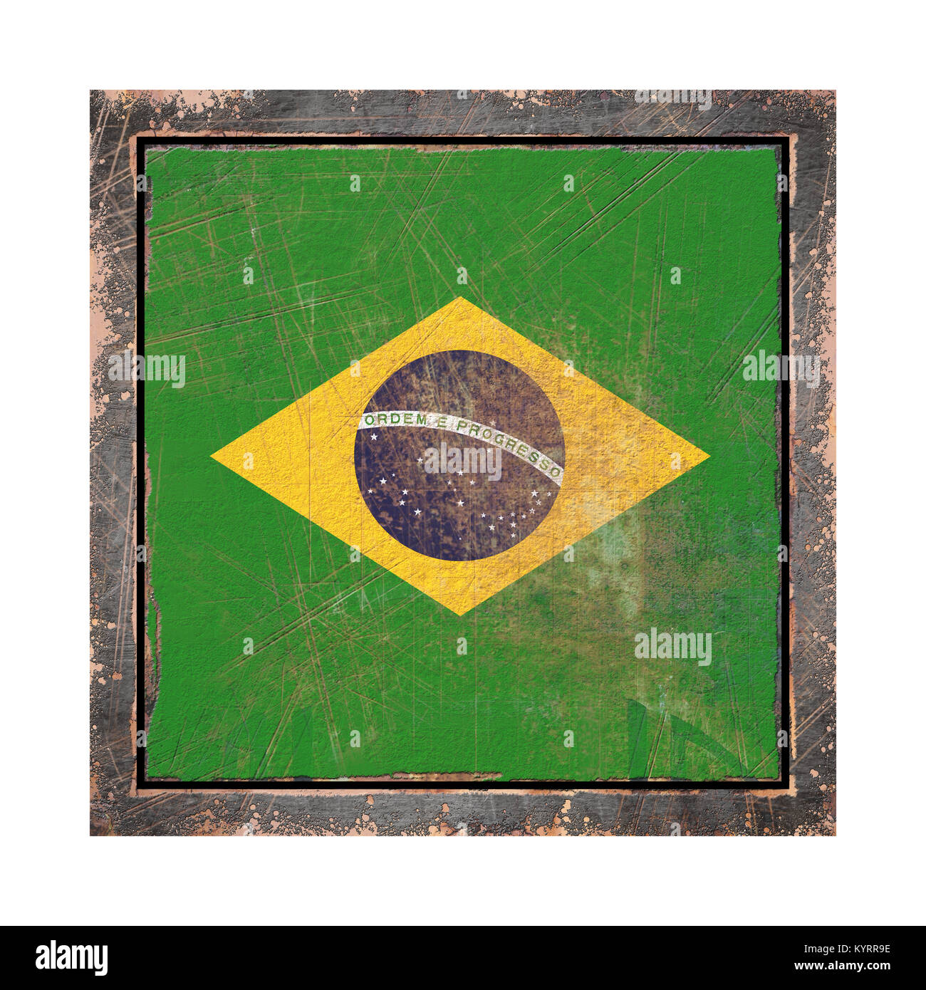 3d rendering of a Brazil flag over a rusty metallic plate in an old ...
