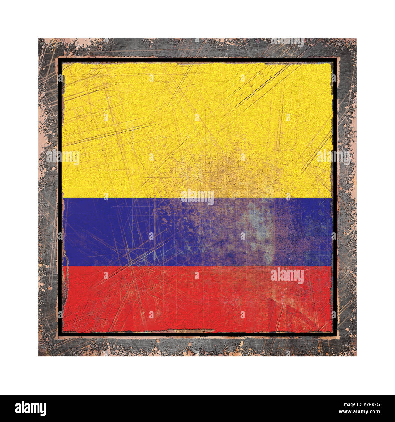 3d rendering of a Colombia flag over a rusty metallic plate in an old ...