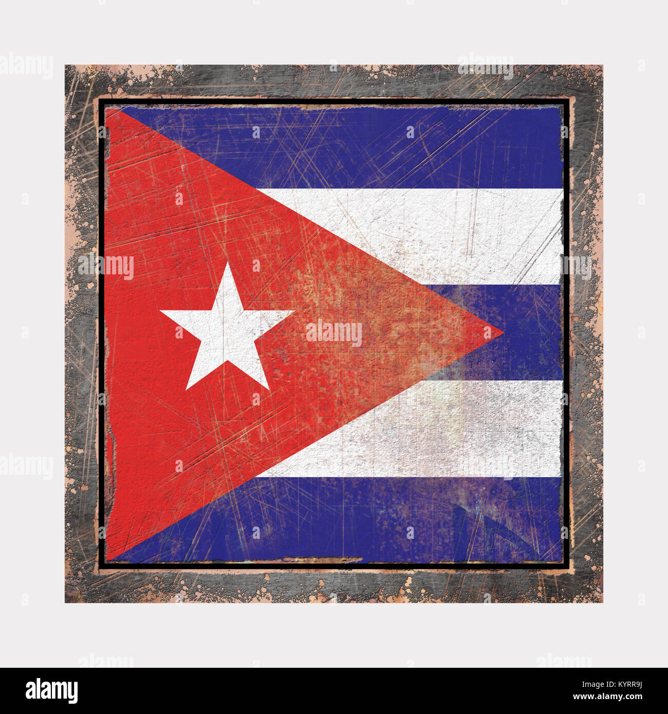 3d rendering of a Cuba flag over a rusty metallic plate in an old frame ...