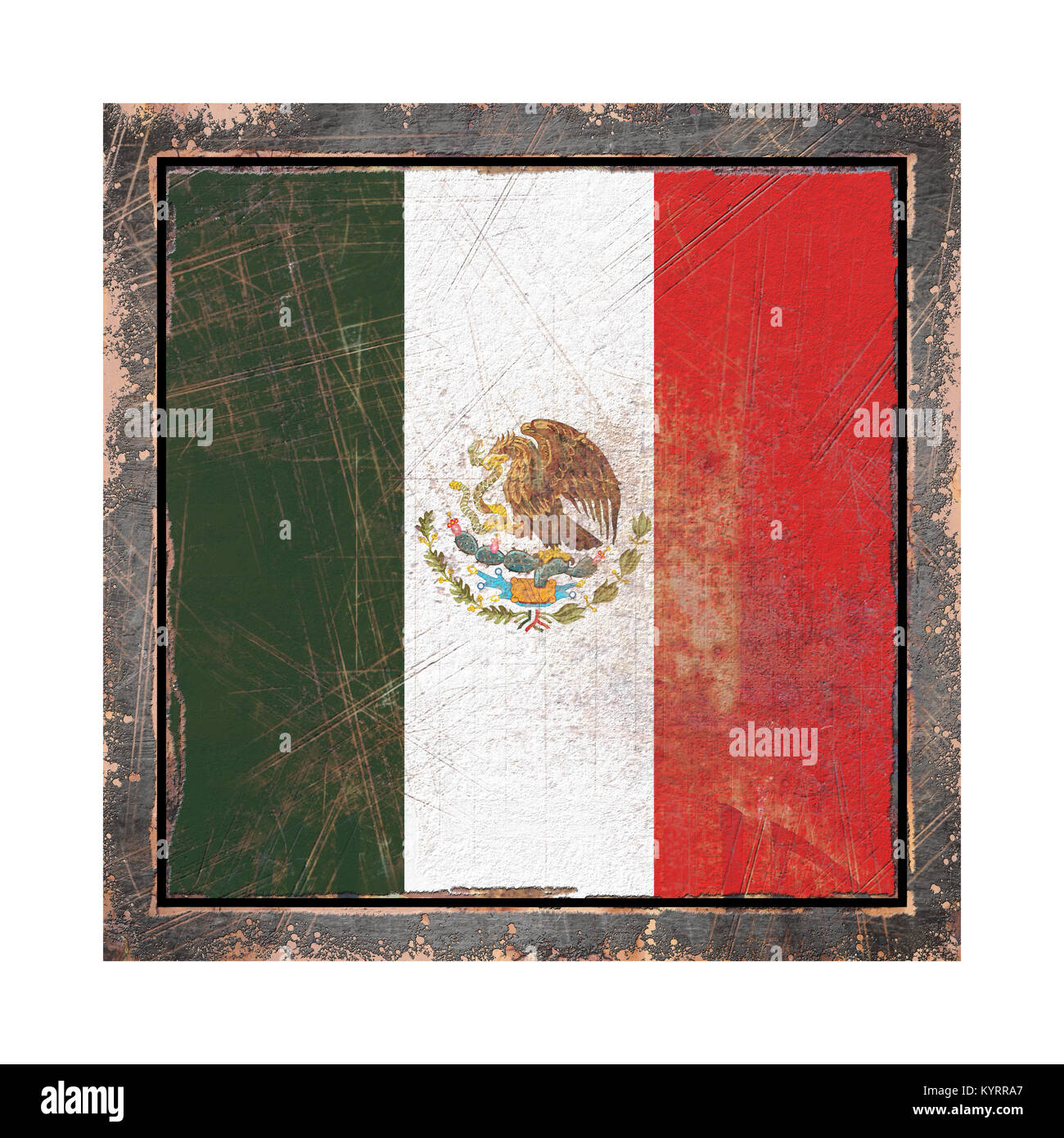3d rendering of a Mexico flag over a rusty metallic plate in an old ...