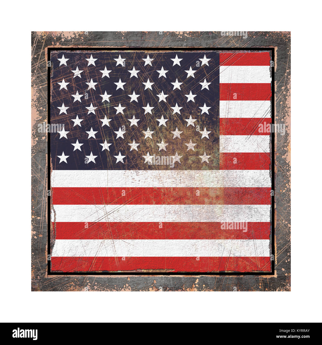 3d rendering of an United States of America flag over a rusty metallic ...