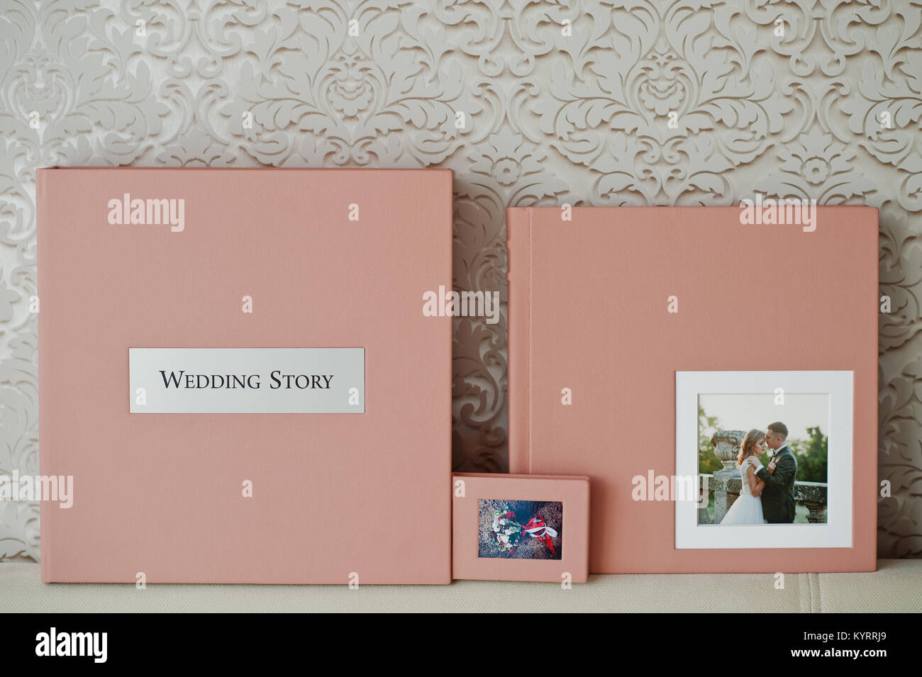 Gentle pink wedding photobook or photo album, box, and cd case Stock ...