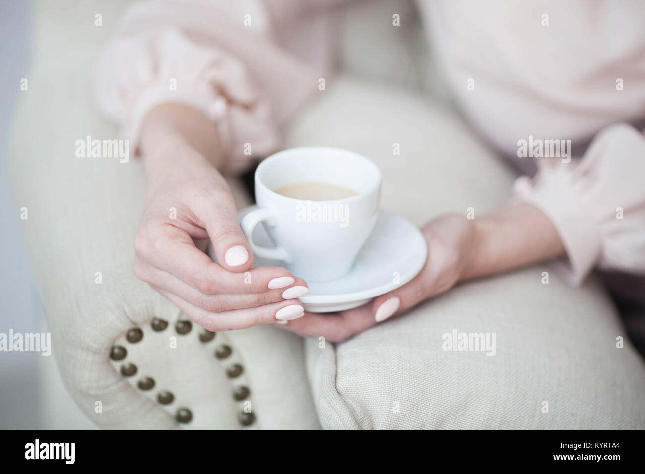 Beauty Portrait Model Hands with a Mug of Delicious Coffee closeup ...