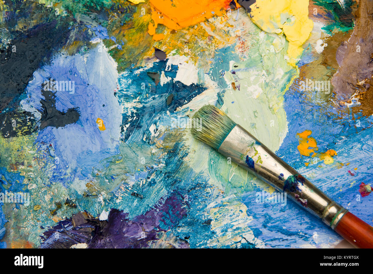 Artists acrylic paint palette close up semi abstract background Stock ...