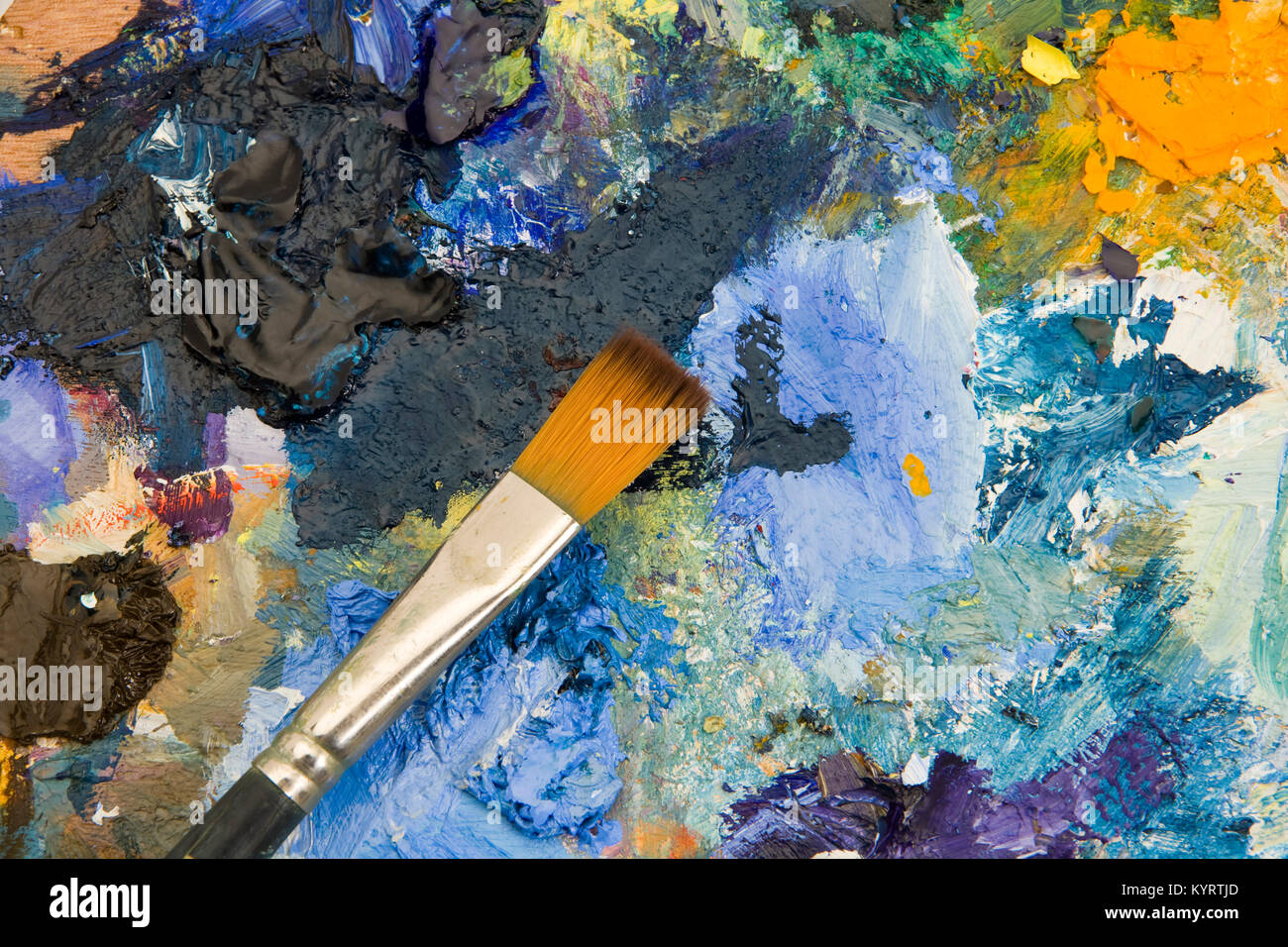 Artists acrylic paint palette close up semi abstract background Stock ...