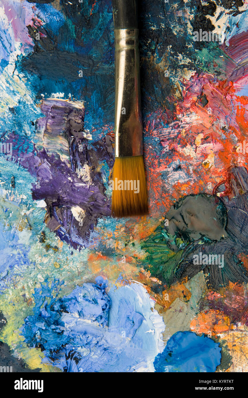 Artists acrylic paint palette close up semi abstract background Stock ...