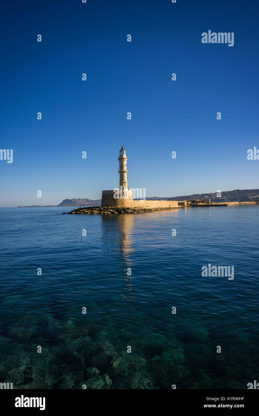 The venetian lighthouse at the old harbor at Chania city,Crete island ...