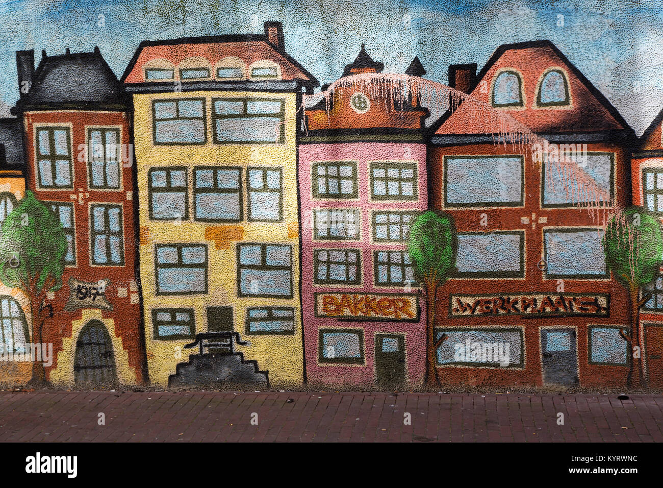 Paintings of traditional Dutch buildings on a street in Leeuwarden, the ...